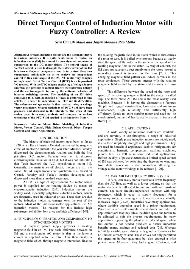 1. direct torque control of induction motor with fuzzy controller a review | PDF