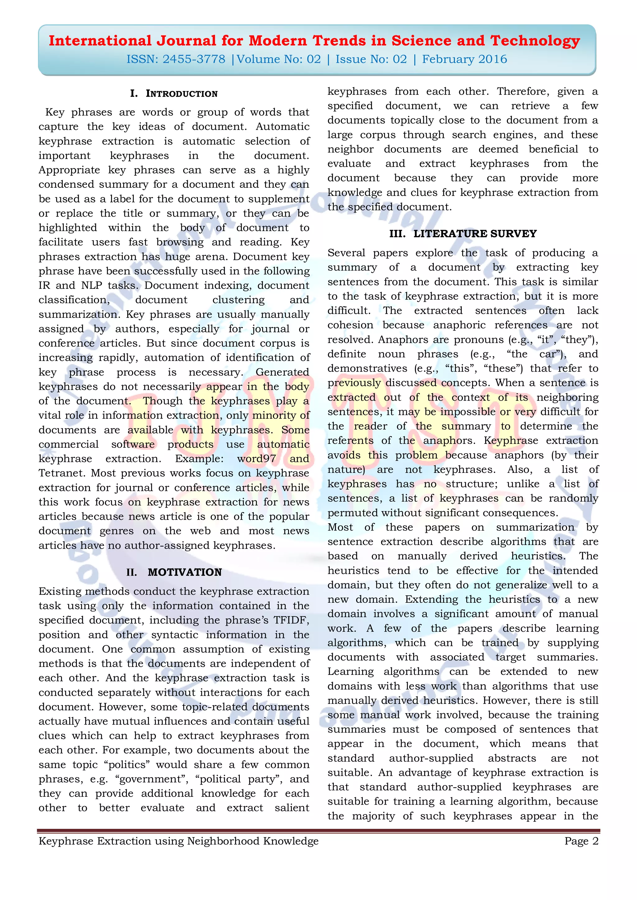 Keyphrase Extraction using Neighborhood Knowledge | PDF