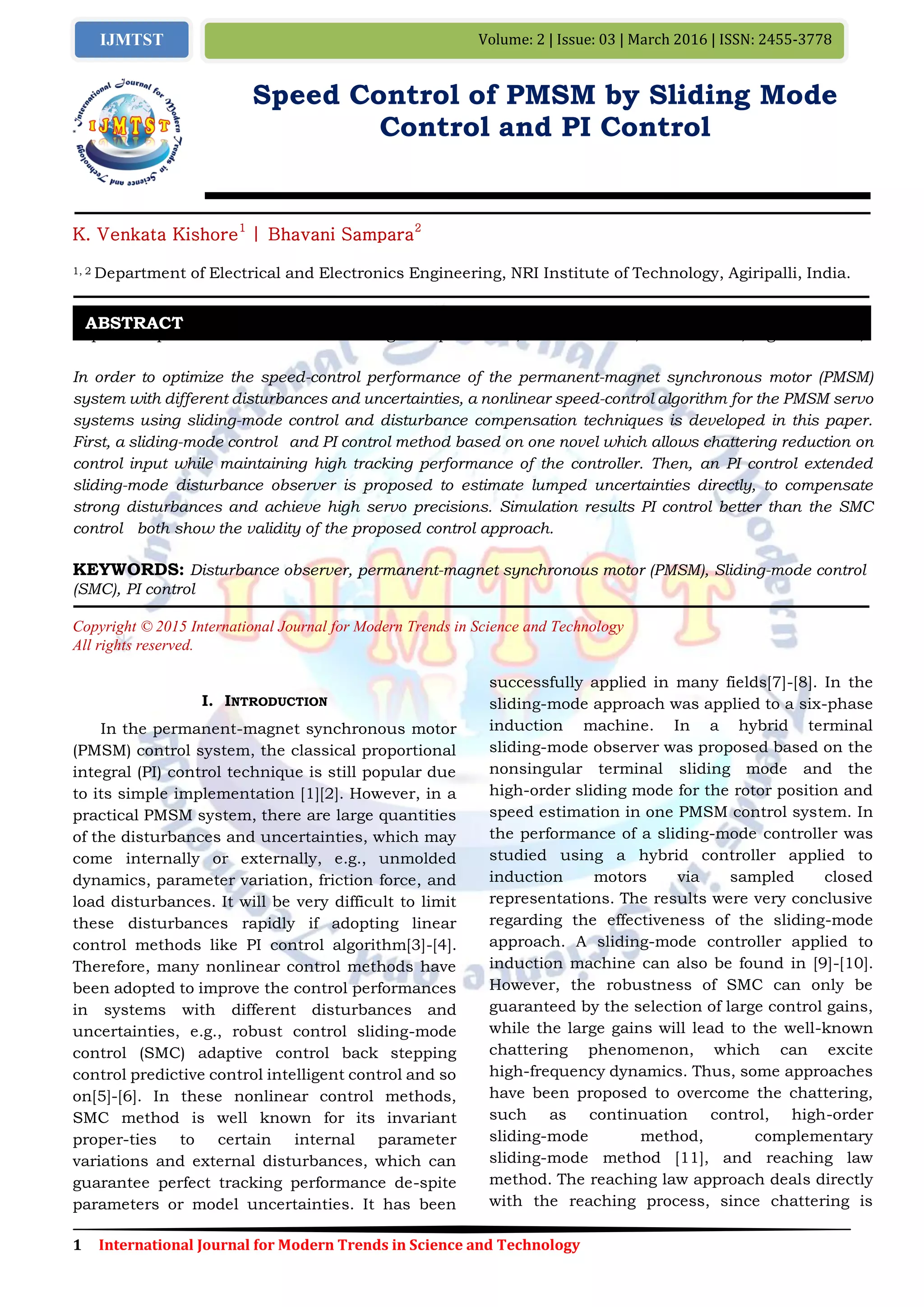 Speed Control of PMSM by Sliding Mode Control and PI Control | PDF