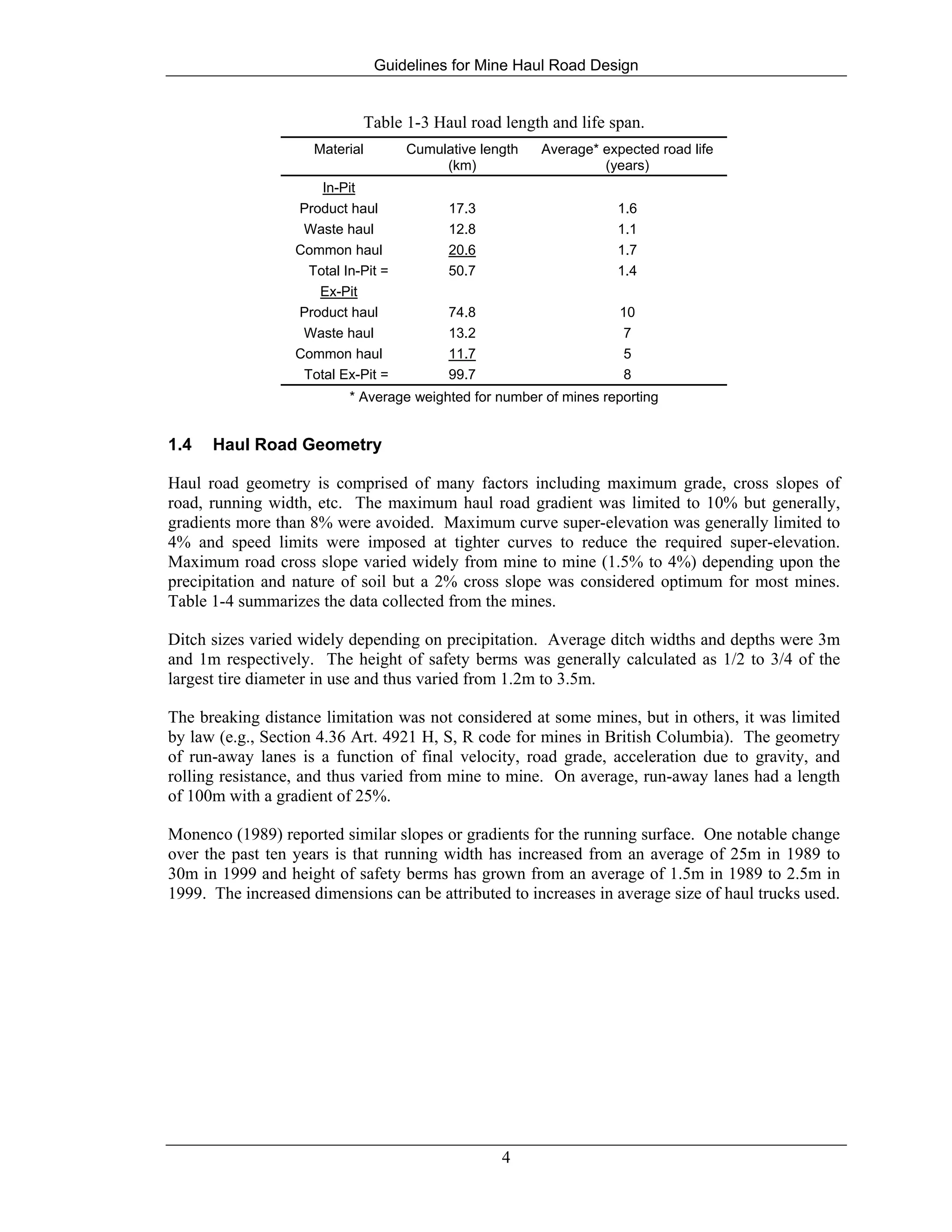 GUIDELINES FOR MINE HAUL ROAD DESIGN - 2001 | PDF