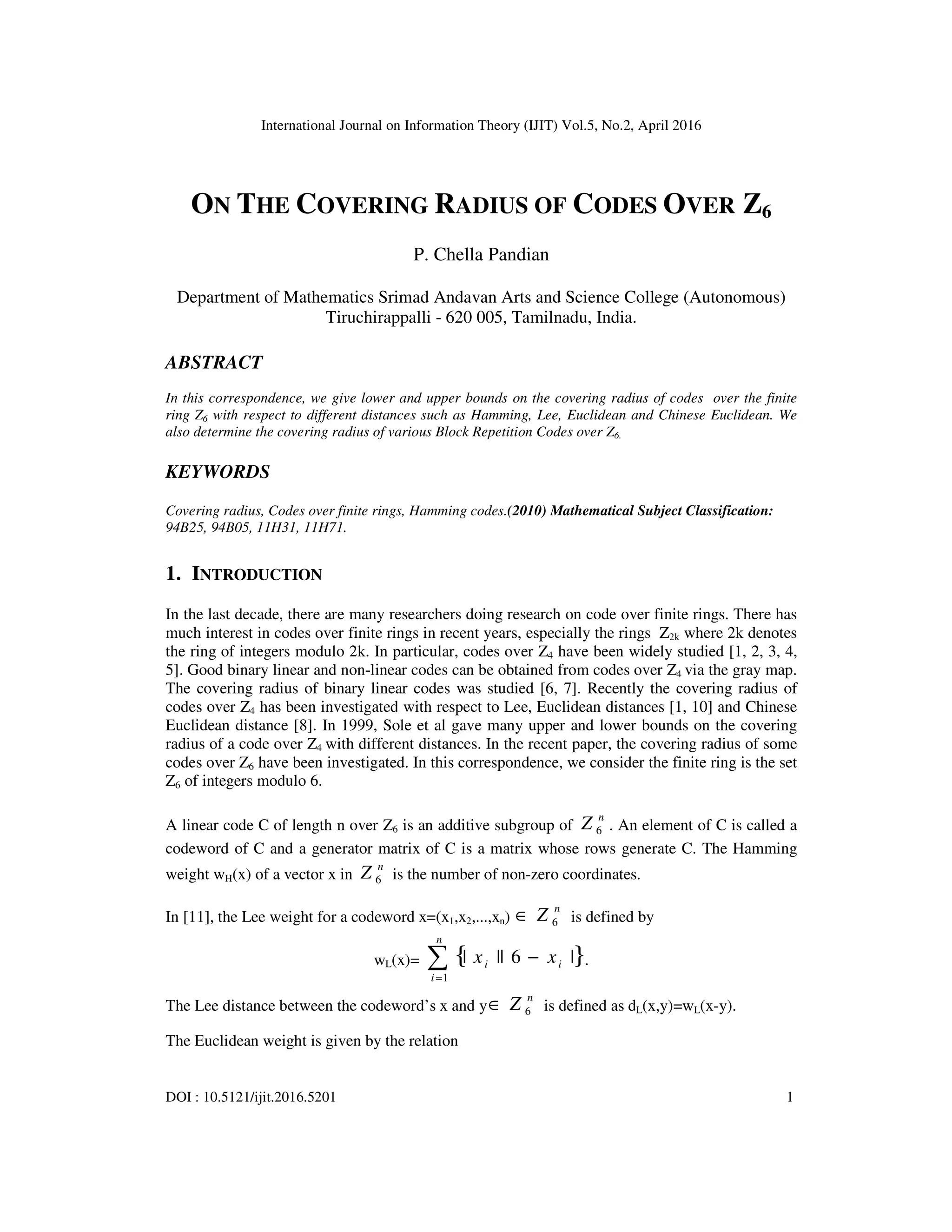 On the Covering Radius of Codes Over Z6 | PDF