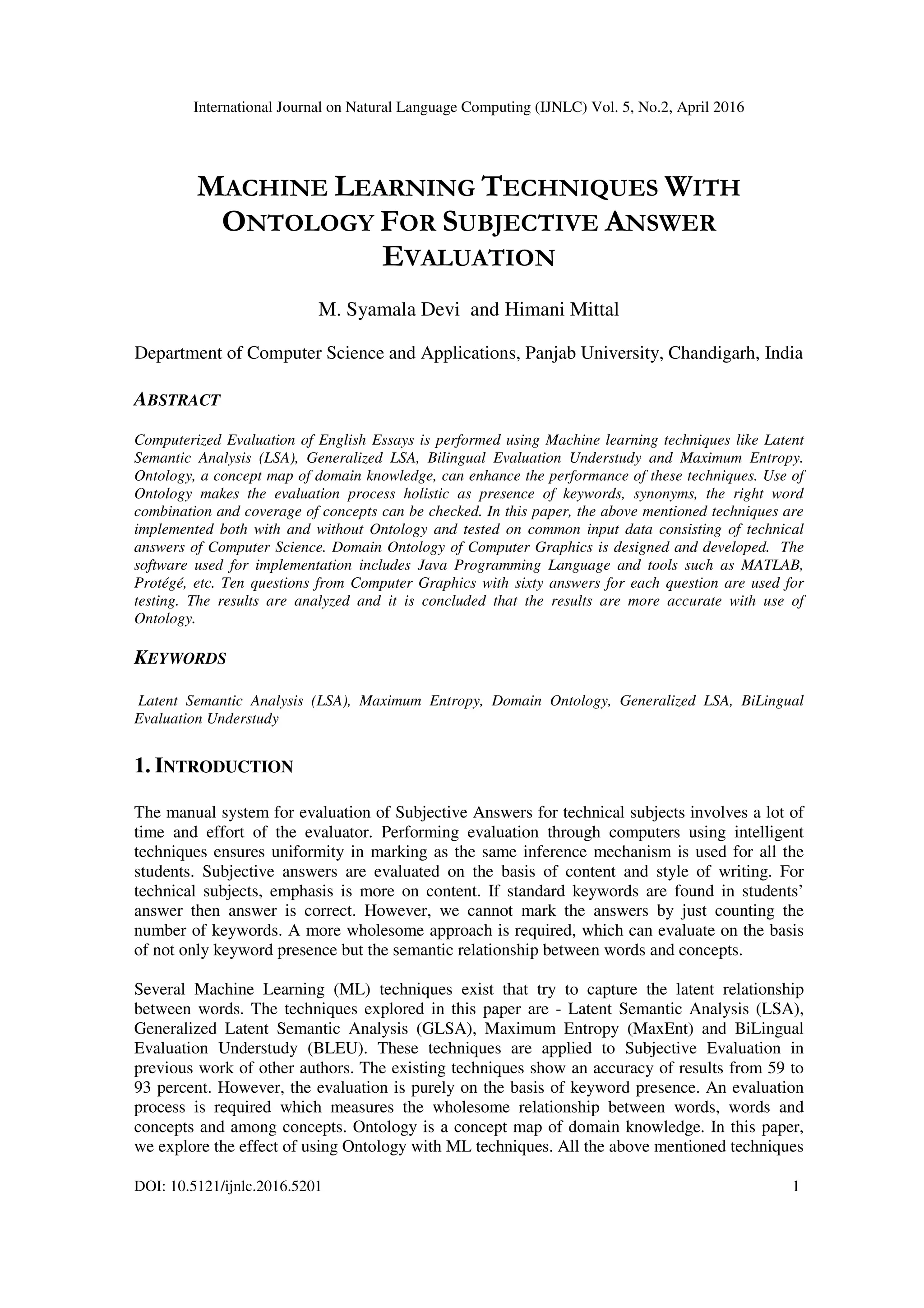 Machine Learning Techniques with Ontology for Subjective Answer ... Machine Learning Techniques with Ontology for Subjective Answer ...