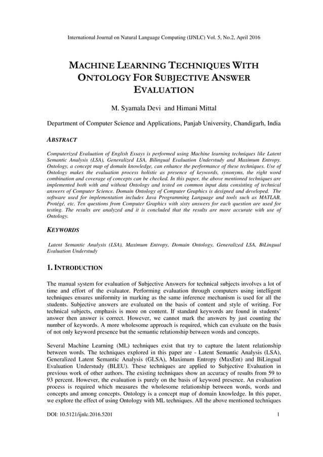 Machine Learning Techniques with Ontology for Subjective Answer Evaluation | PDF