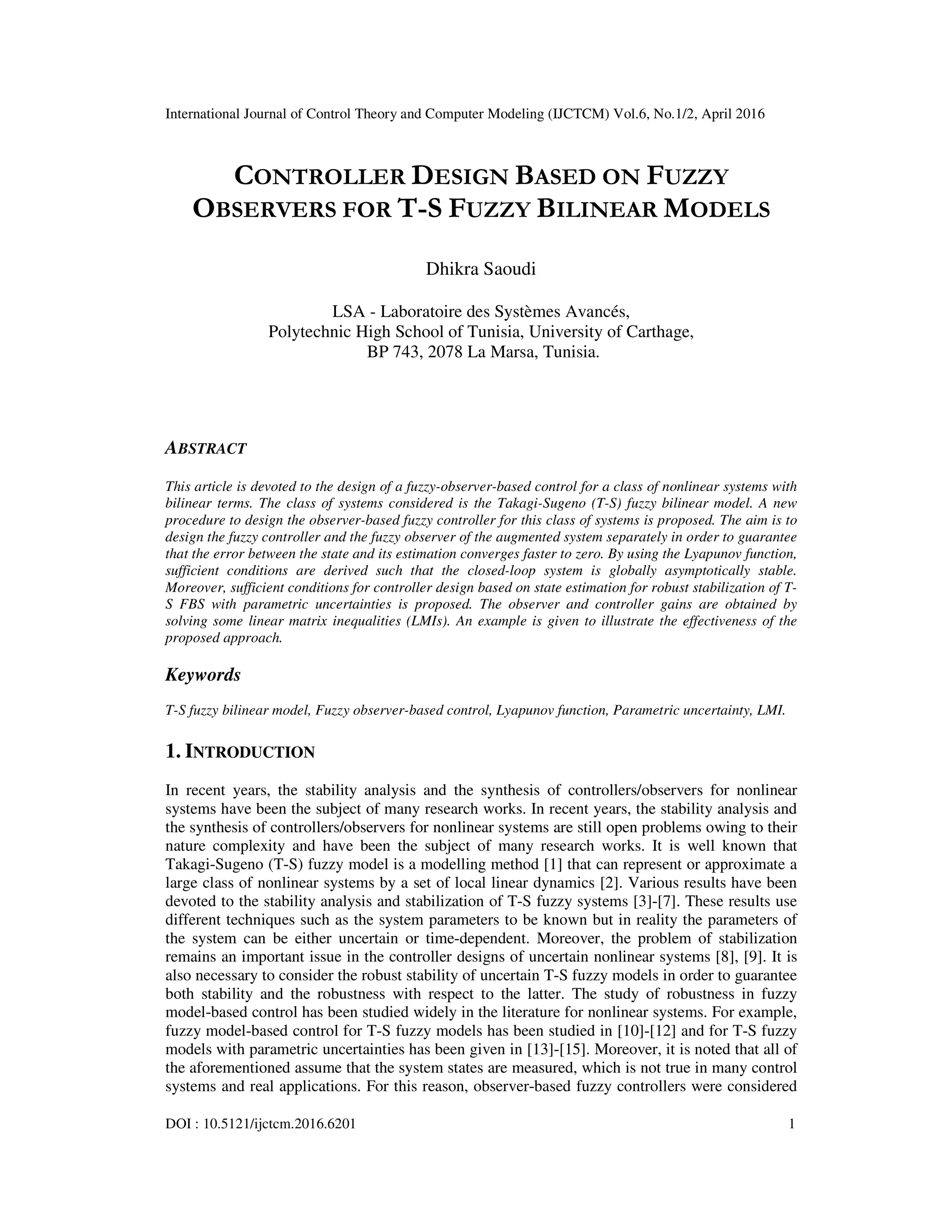 Controller Design Based On Fuzzy Observers For T S Fuzzy Bilinear