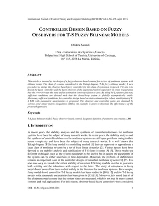 Controller Design Based On Fuzzy Observers For T-S Fuzzy Bilinear ...