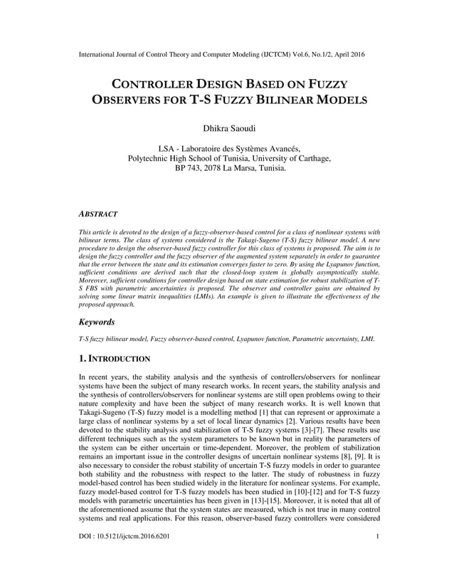 Controller Design Based On Fuzzy Observers For T S Fuzzy Bilinear Models Pdf