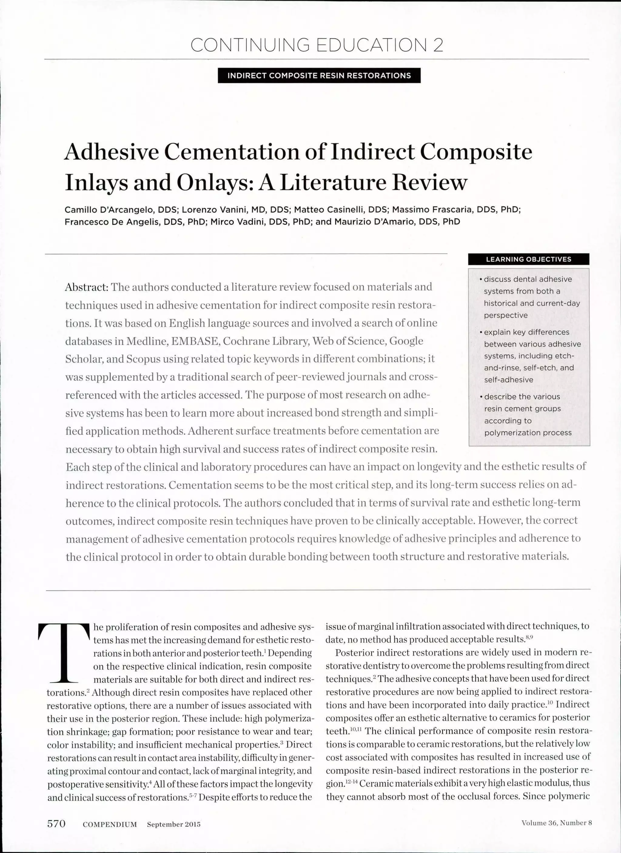 1. adhesive cementation of indirect composite inlays and onlays. a ...