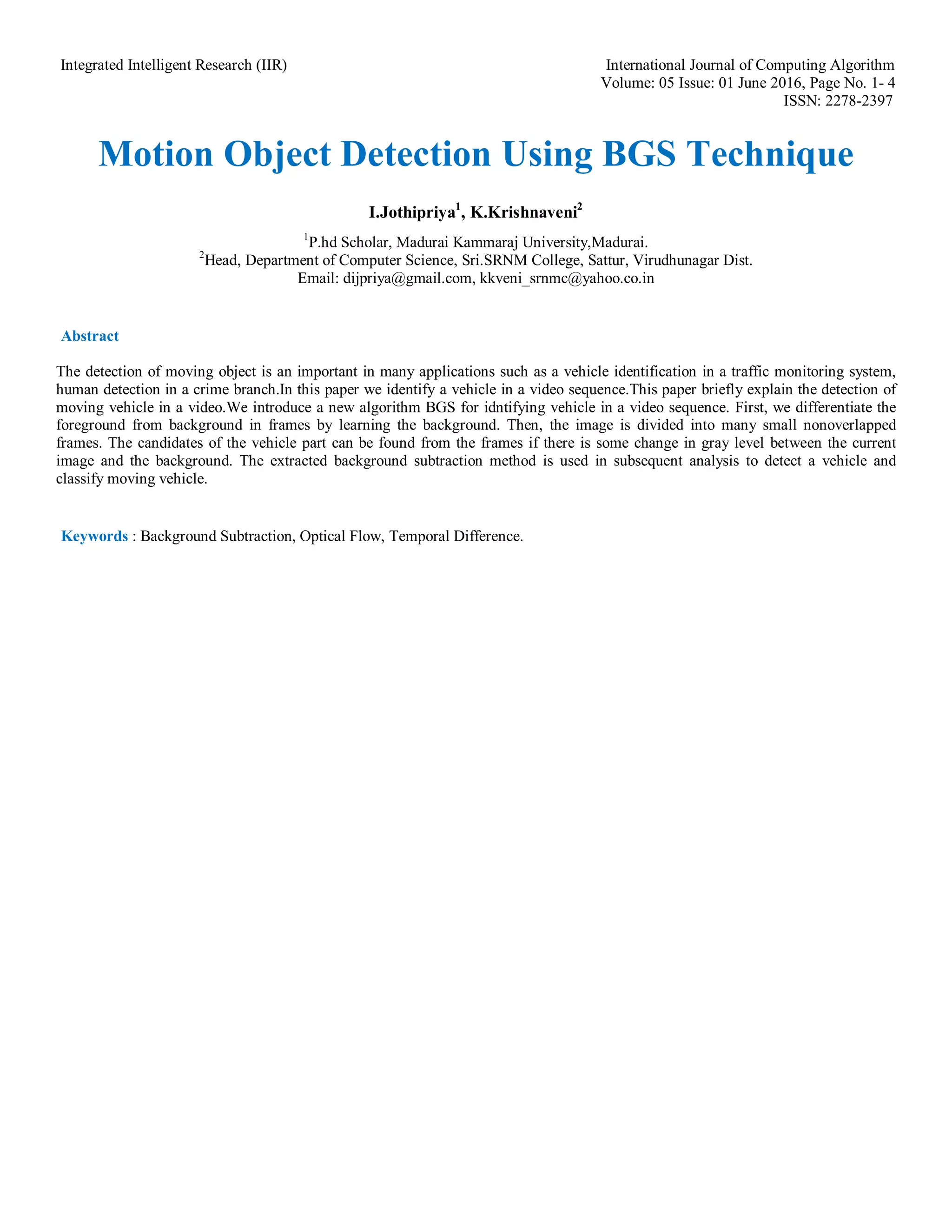 Motion Object Detection Using Bgs Technique Pdf
