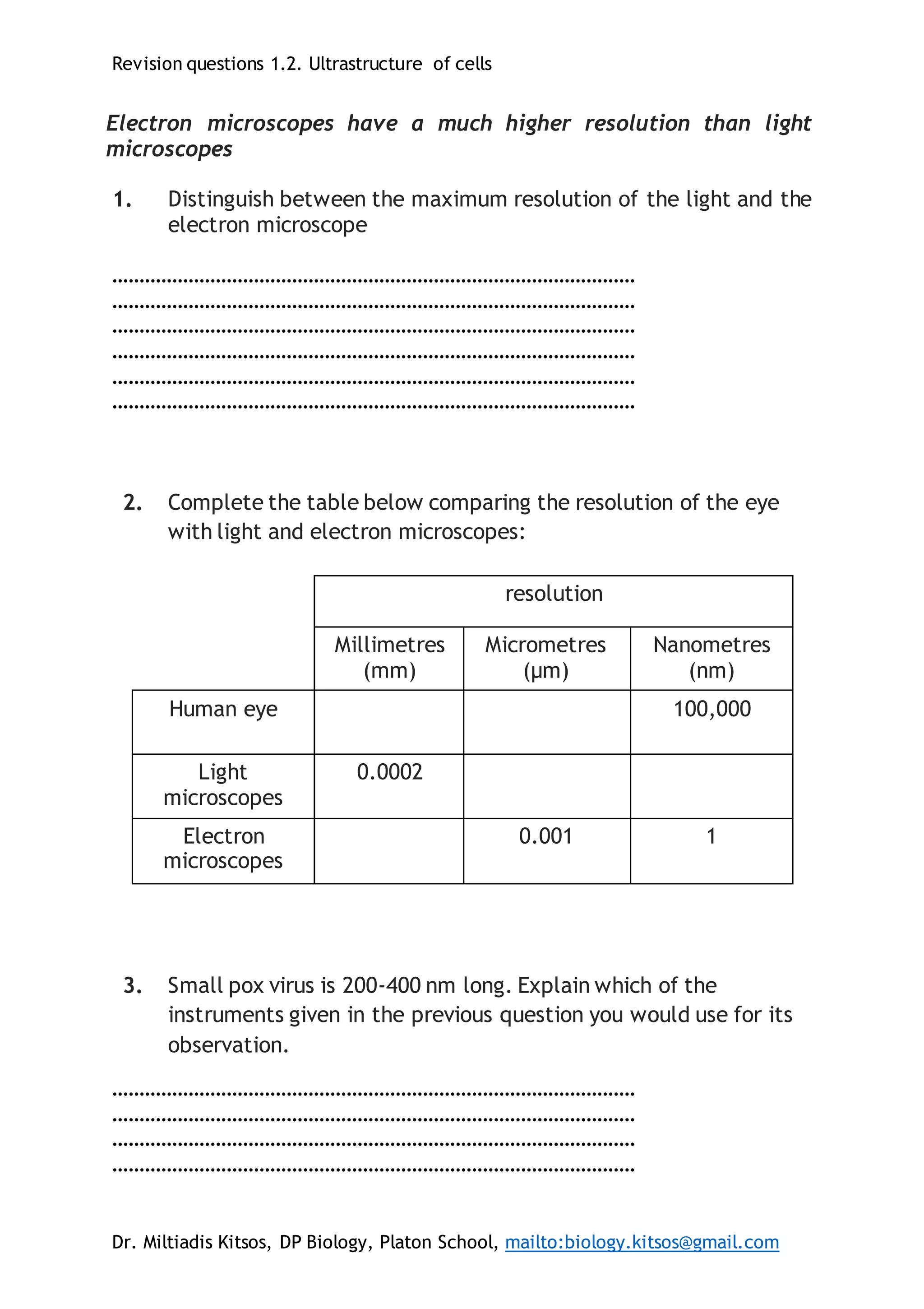 1.2. Ultrastructure of cells - practise questions | DOCX