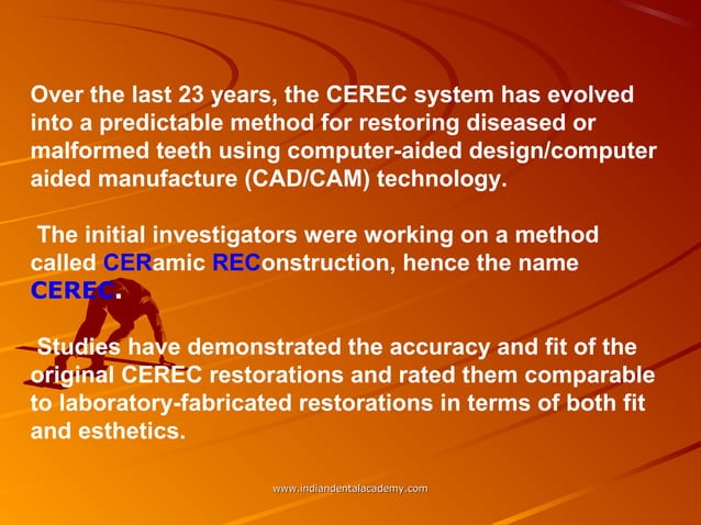 AN OVERVIEW OF THE CEREC 3D CAD/CAM SYSTEM / dental implant courses by ...