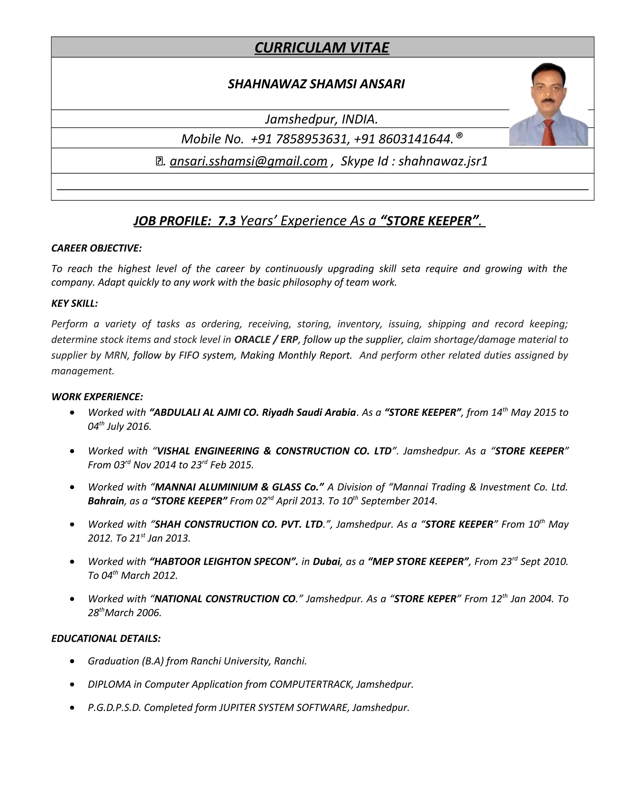 1. cv of s.s. ansari. 7.3 yr (store keeper) | DOC