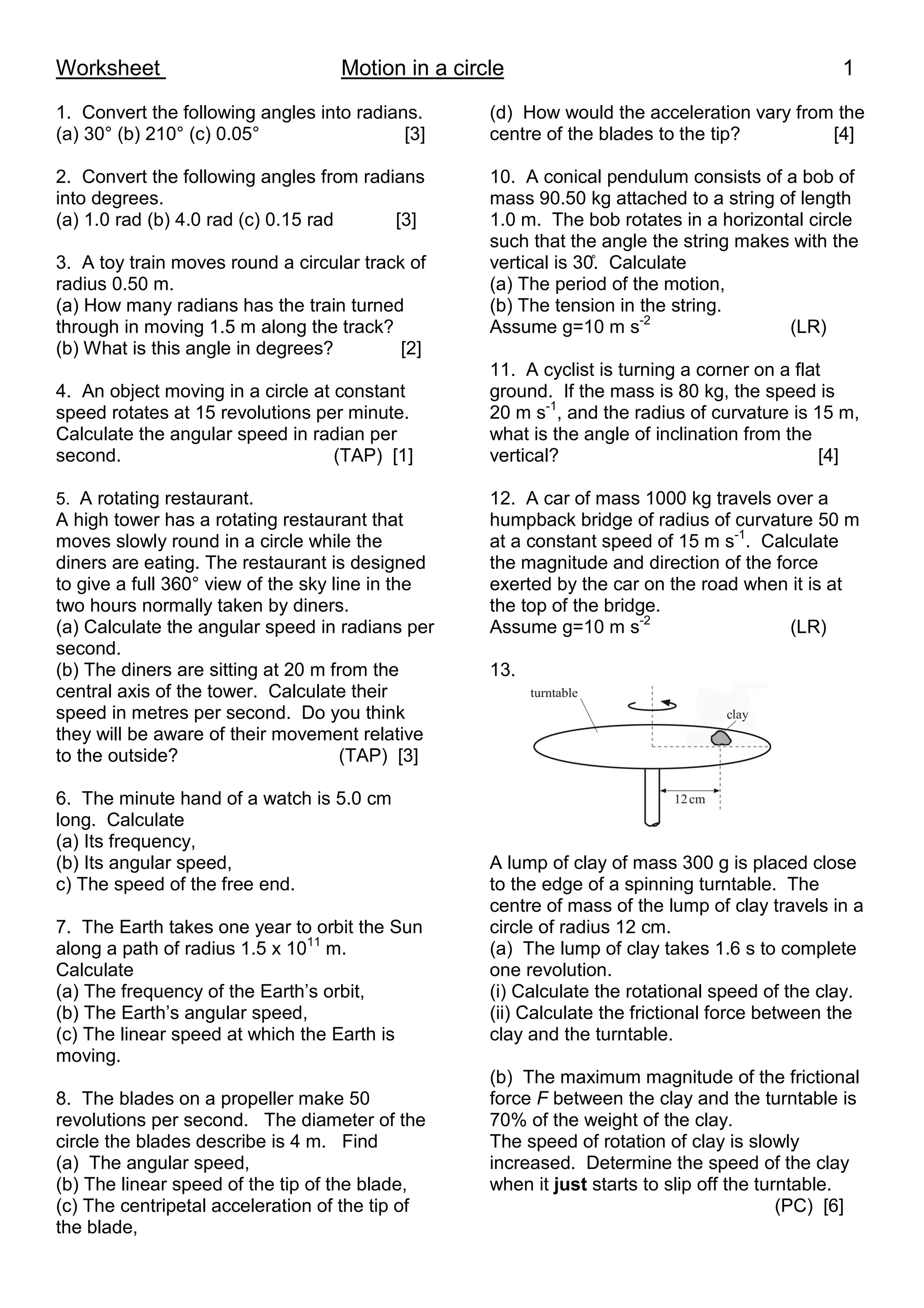 1. motion in a circle worksheet a tobve | PDF
