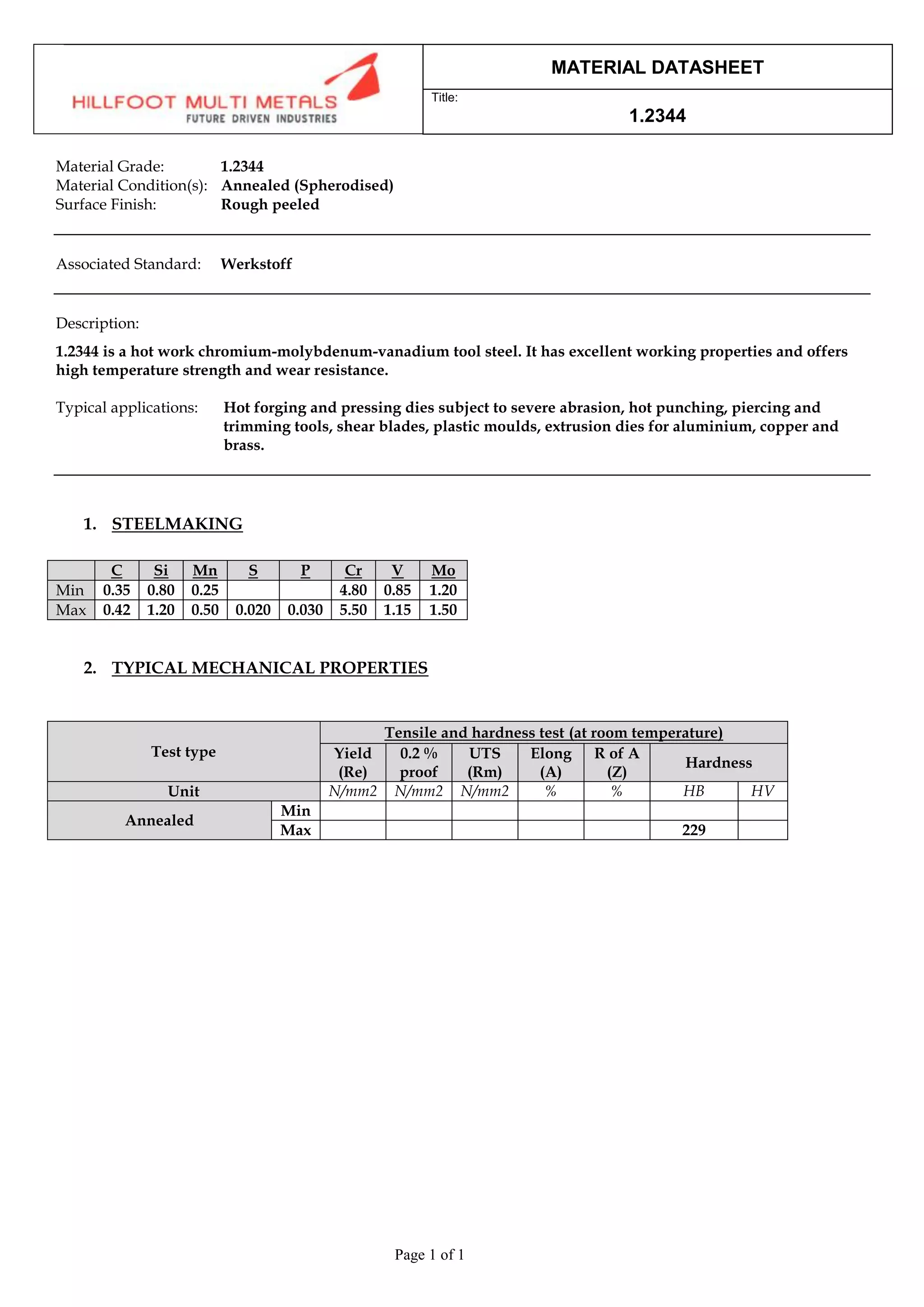 1.2344 Chromium Molybdenum Vanadium Hot Work Tool Steel | PDF | Chemistry | Science