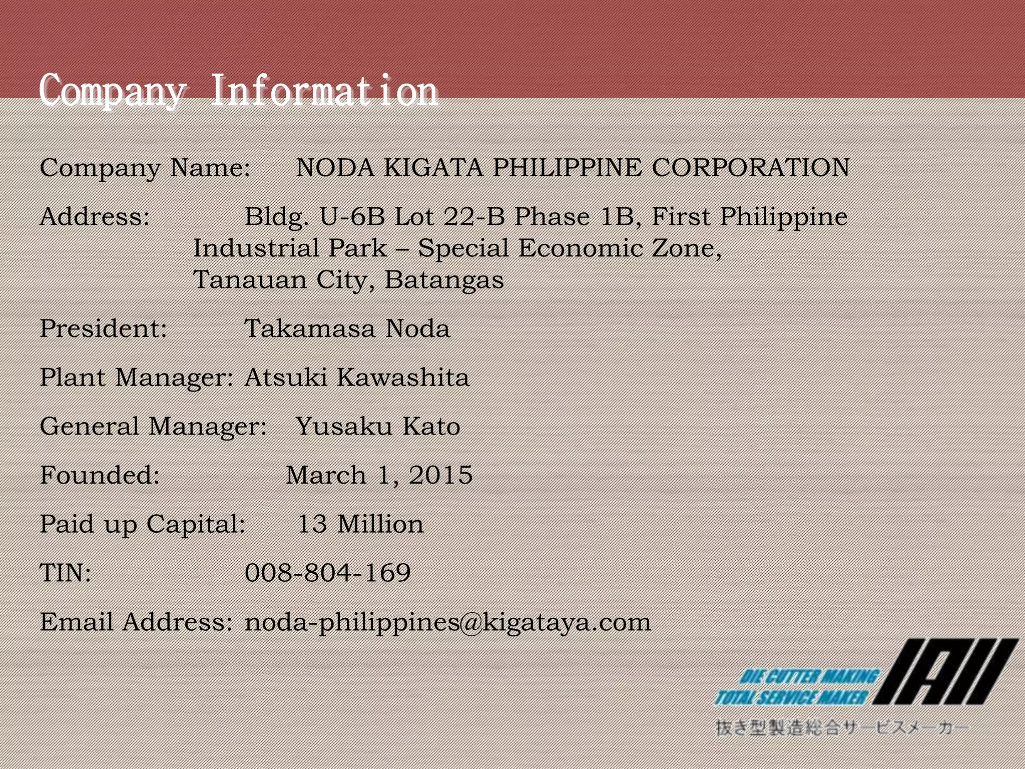 Noda Kigata Philippine Corporation Company Profile | PPTX