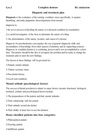 Complete Denture Diagnosis and Treatment Plan | PDF