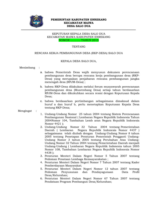1. draft keputusan kades ttg rkp des | PDF
