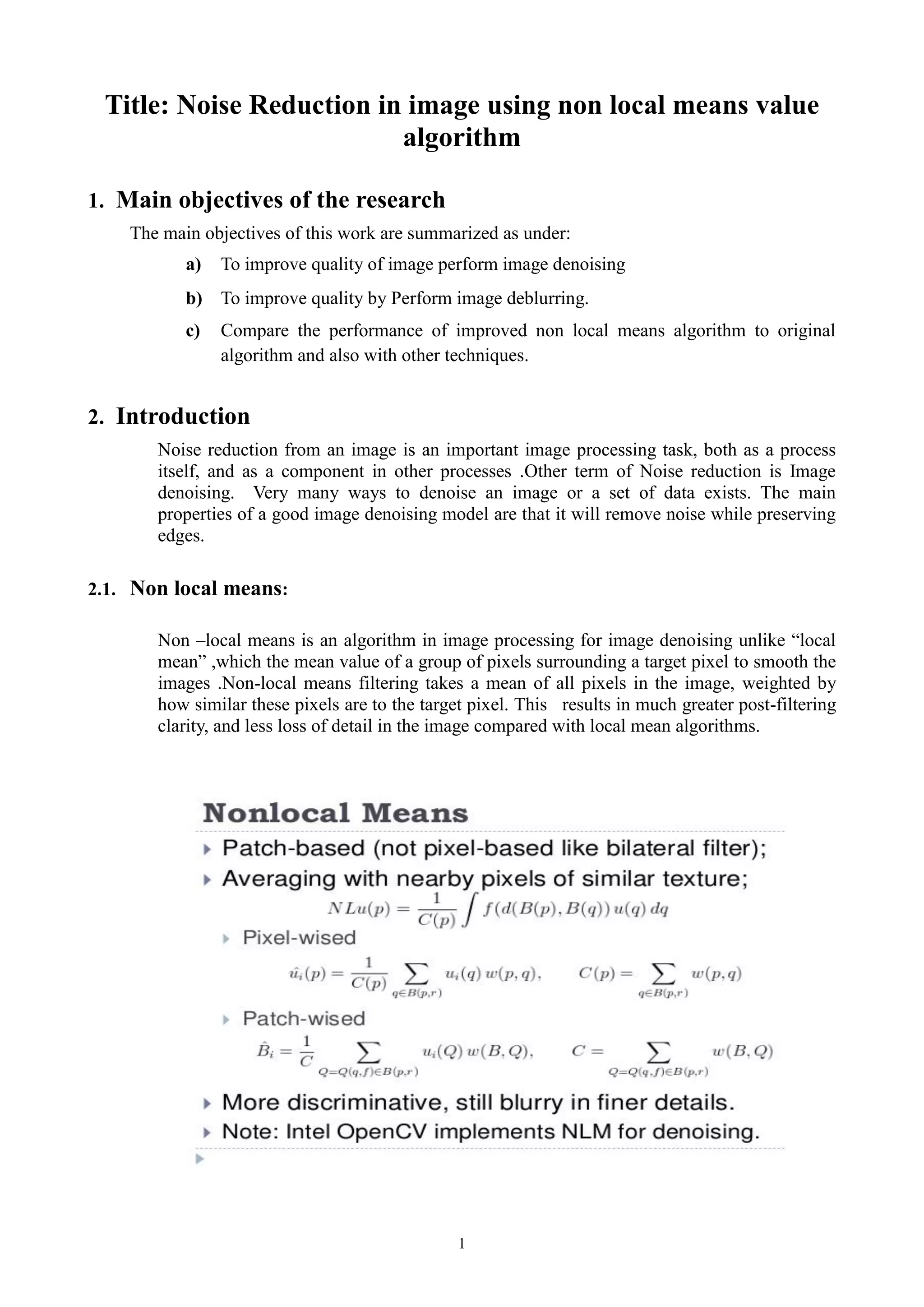 Dissertation synopsis for imagedenoising(noise reduction )using non local mean algorithm | PDF
