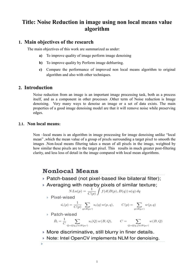 Dissertation synopsis for imagedenoising(noise reduction )using non local mean algorithm | PDF