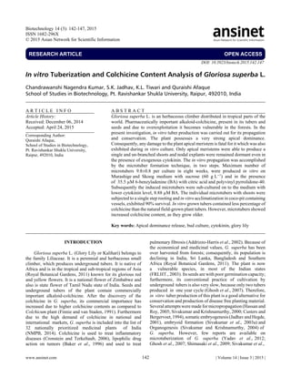 In vitro tuberization and colchicine content analysis of Gloriosa ...