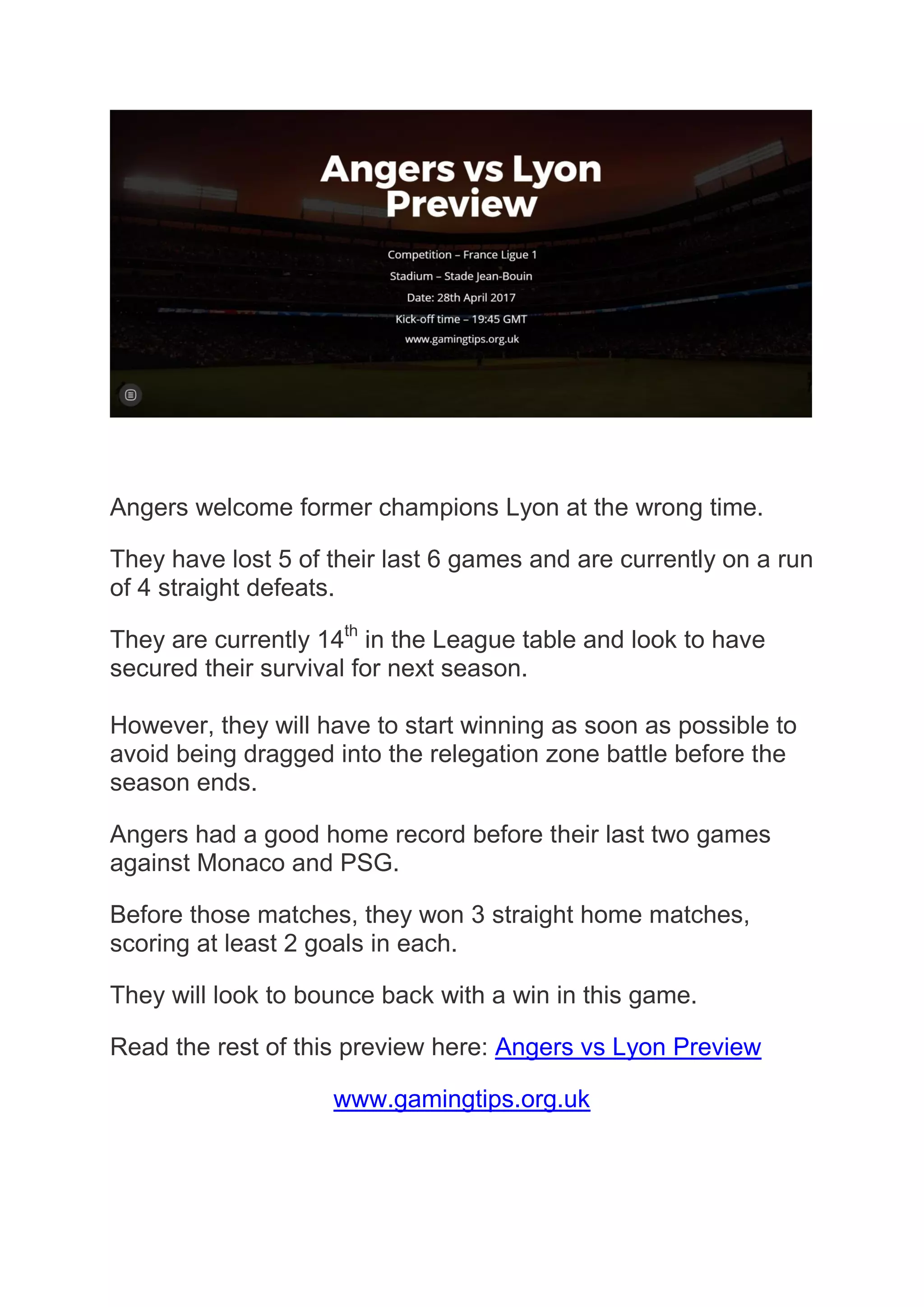 Angers vs Lyon Preview | PDF