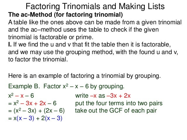 1.0 factoring trinomials the ac method and making lists-x