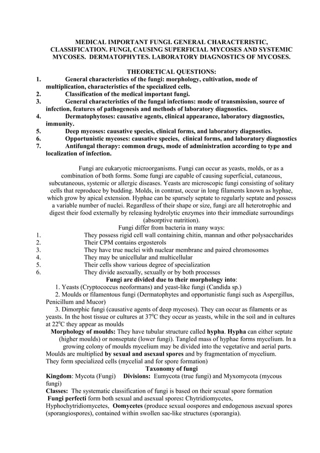 Classification of Fungi. Superficial Mycoses & Systemic Mycoses ...