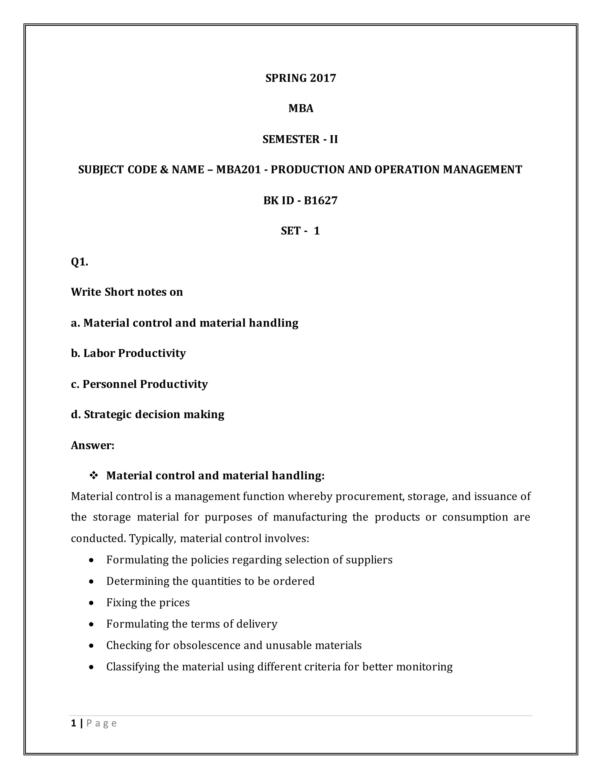 1. mba 201 production and operation management assignment 2nd semester ...