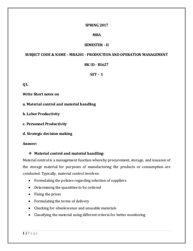 1 Mba 201 Production And Operation Management Assignment 2nd Semester