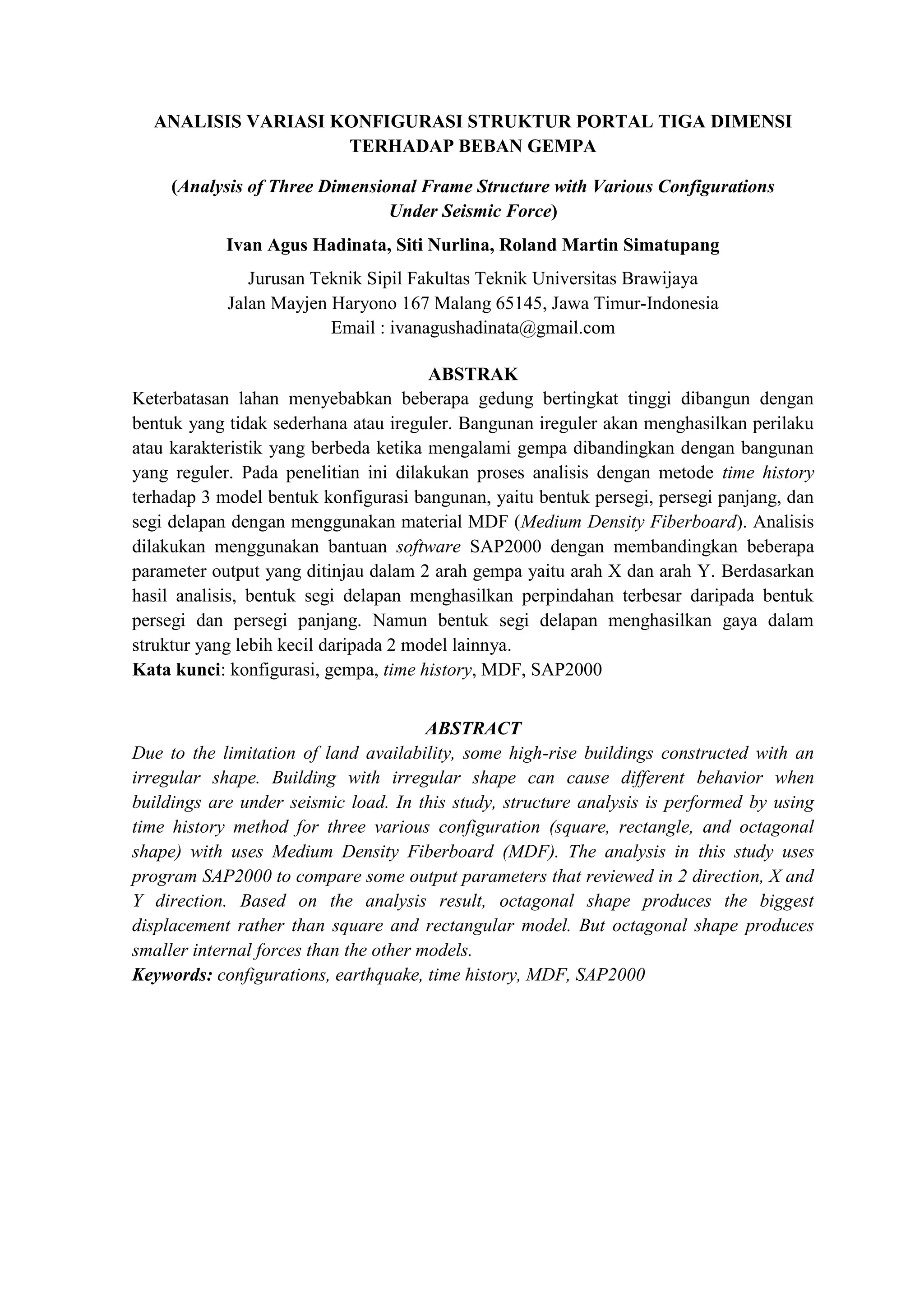 1. analisis variasi konfigurasi struktur portal tiga dimensi terhadap ...