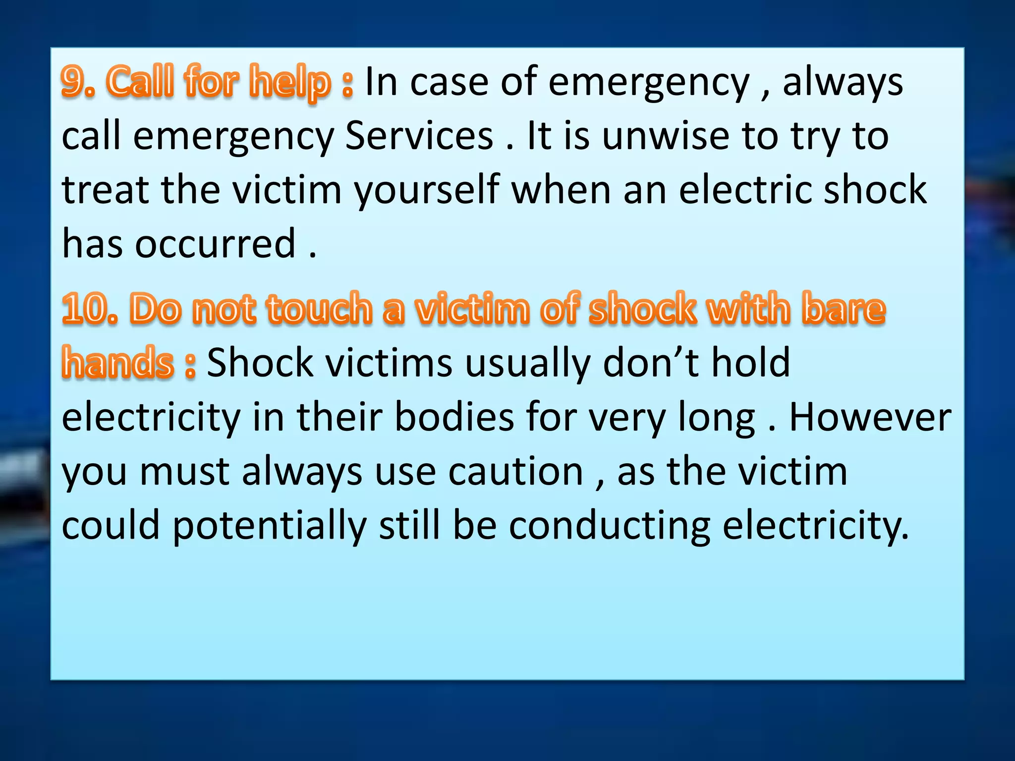 Electrical safety precautions and Electric shocks | PPTX