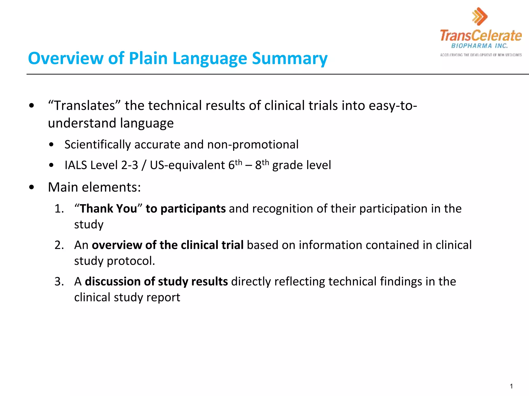 Investigator Educational Material for Layperson Summary | PPTX
