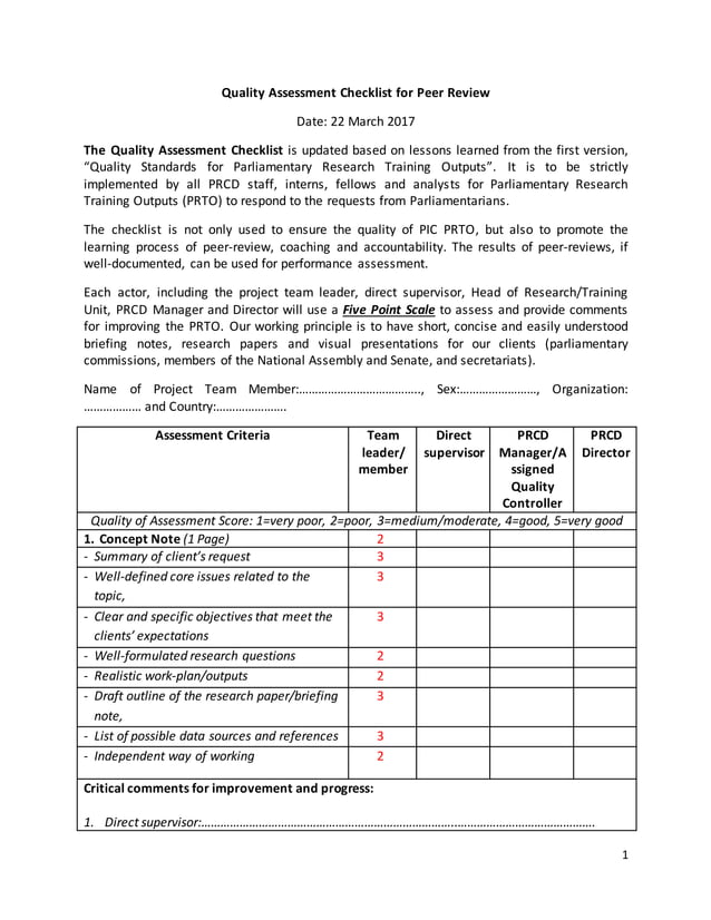 1. quality assessment checklist for pic training outputs.28.7.17(c7 na) | PDF