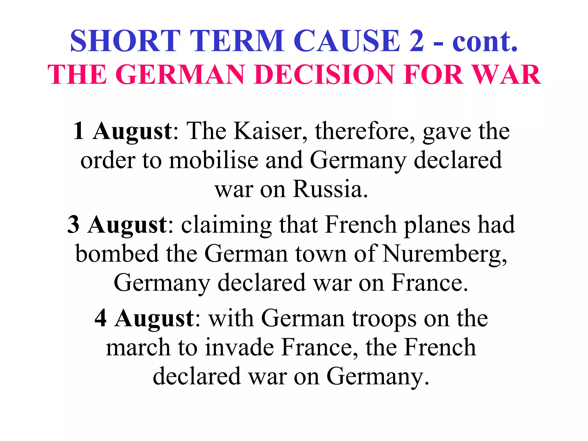 CAMBRIDGE IGCSE HISTORY: LONG/SHORT TERM CAUSES OF WORLD WAR 1 | PPT ...
