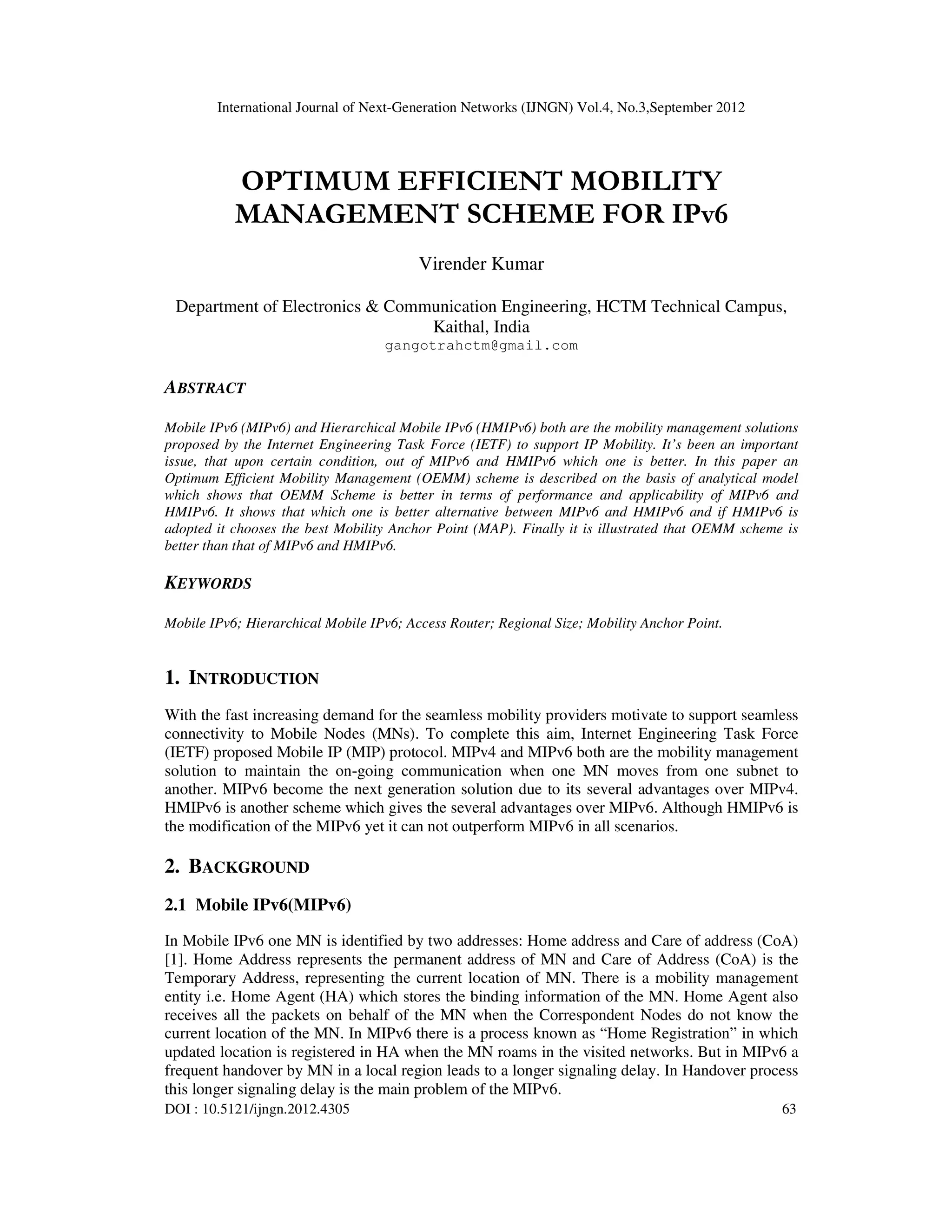 OPTIMUM EFFICIENT MOBILITY MANAGEMENT SCHEME FOR IPv6 | PDF