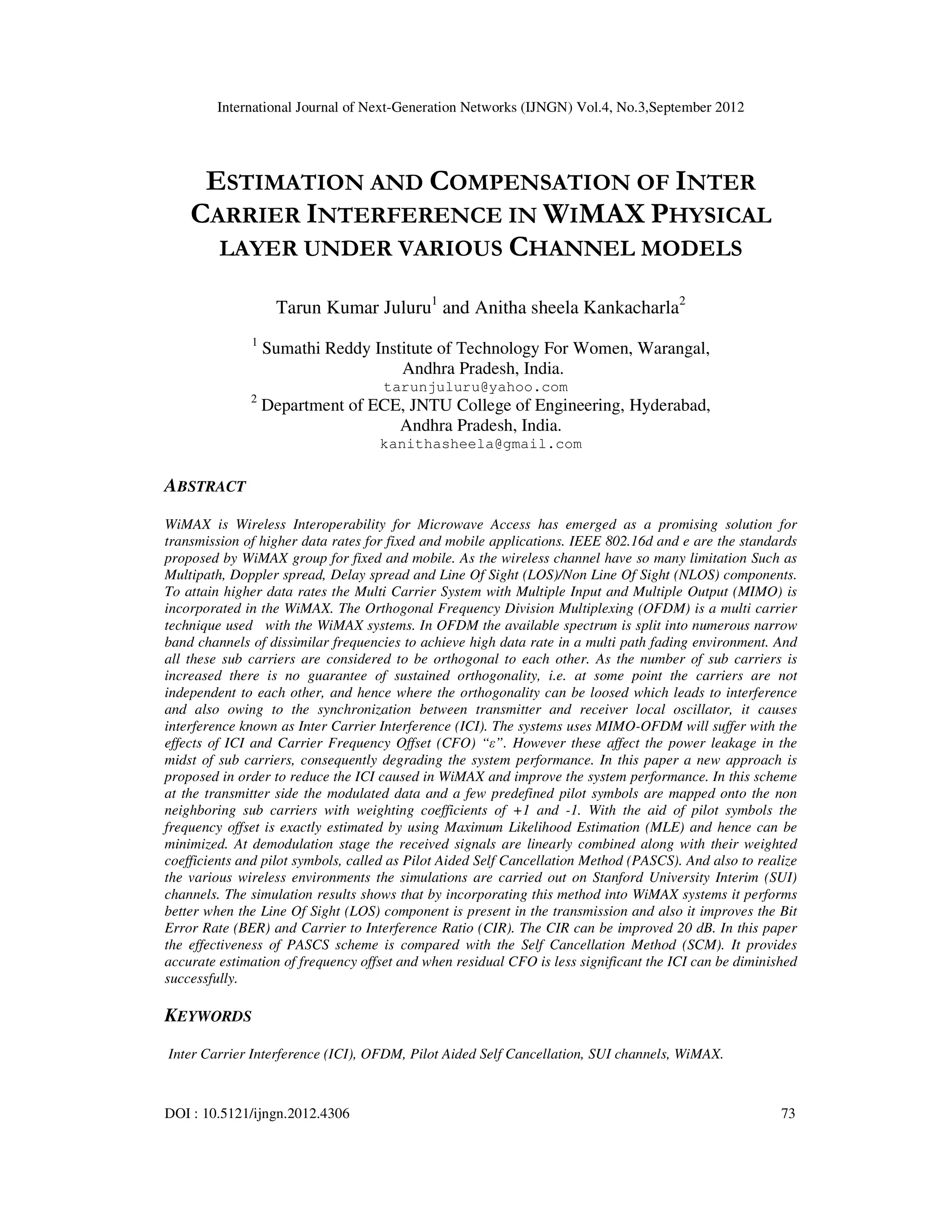 ESTIMATION AND COMPENSATION OF INTER CARRIER INTERFERENCE IN WIMAX PHYSICAL LAYER UNDER VARIOUS ...