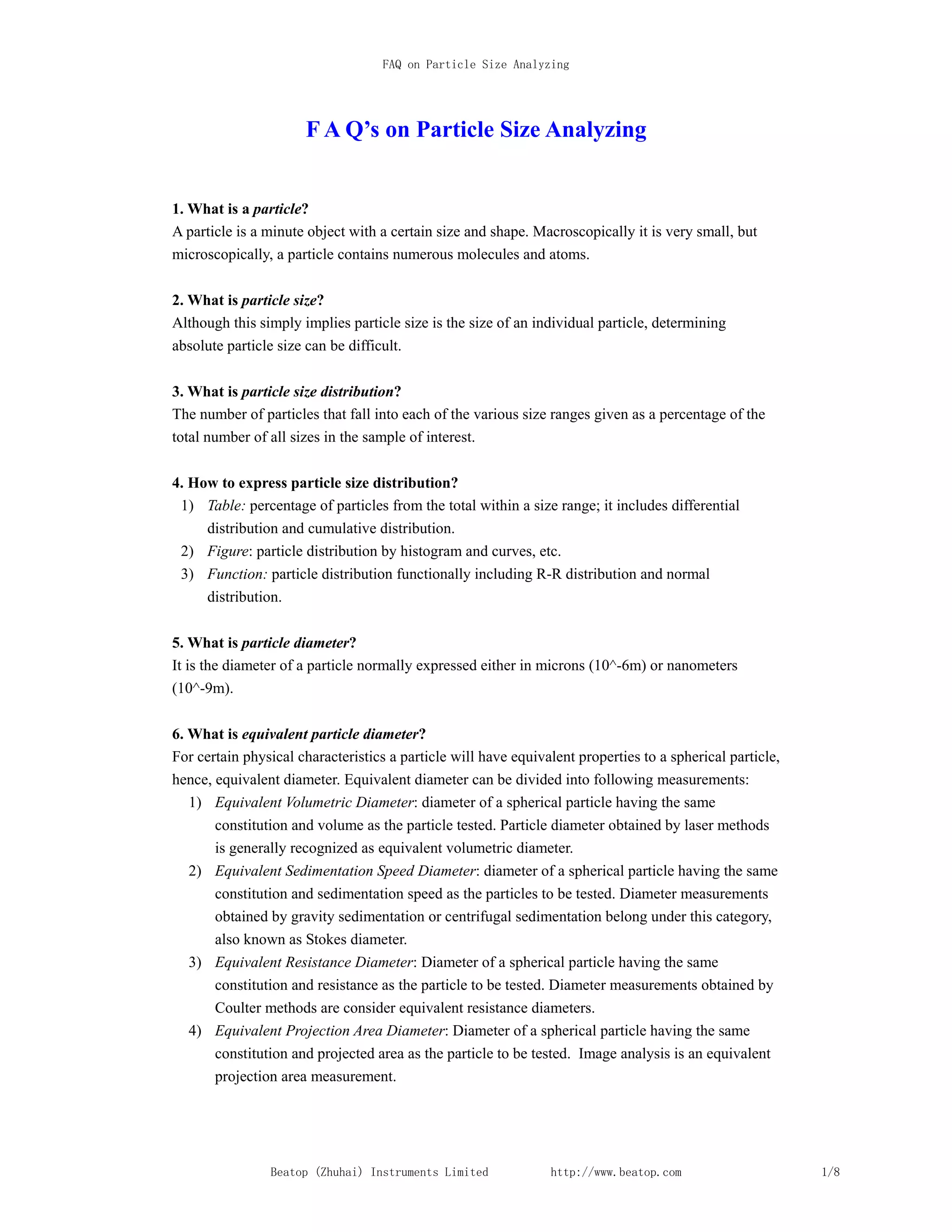 1. f a q particles size analyzing | PDF