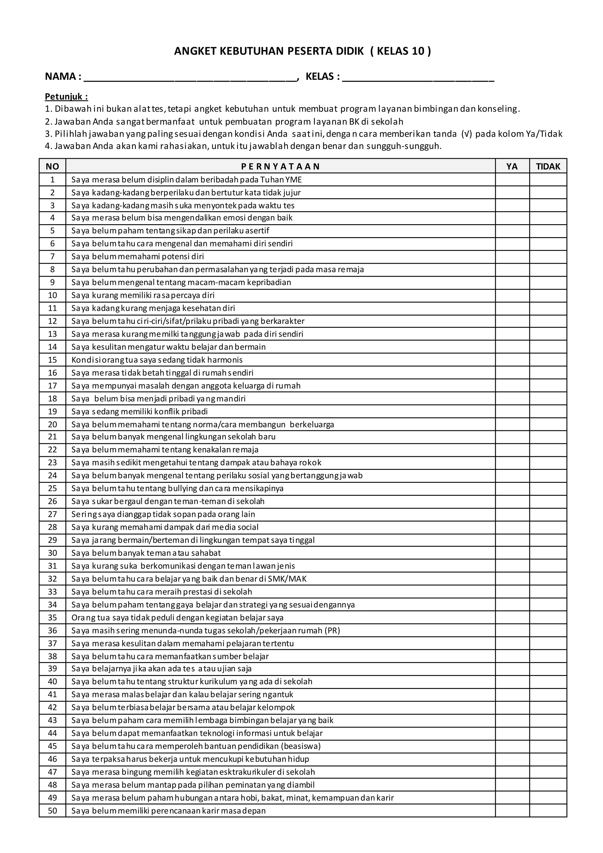 1. angket kebutuhan peserta didik smk kelas 10 | DOCX