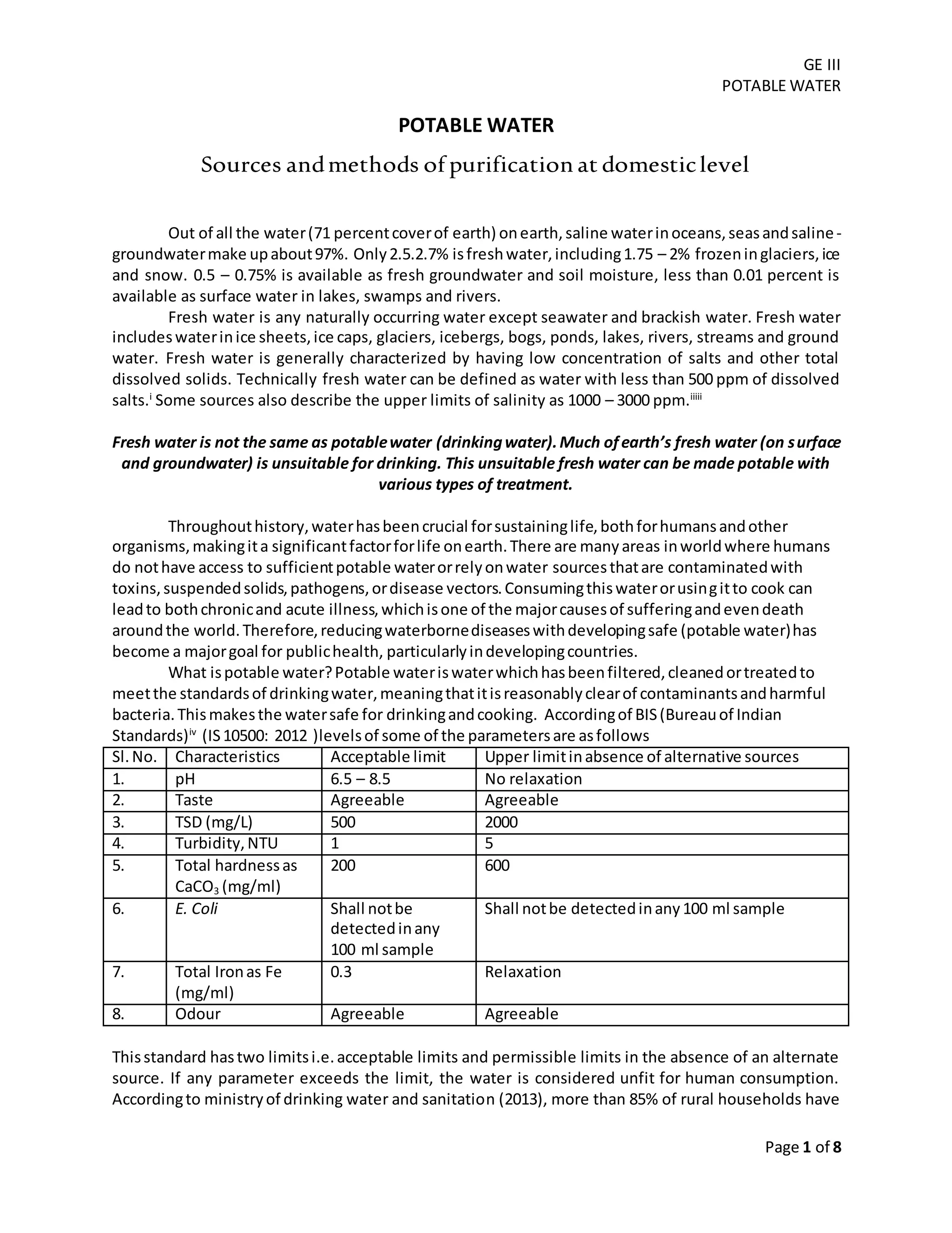 potable water sources and methods of purification at domestic level | DOCX