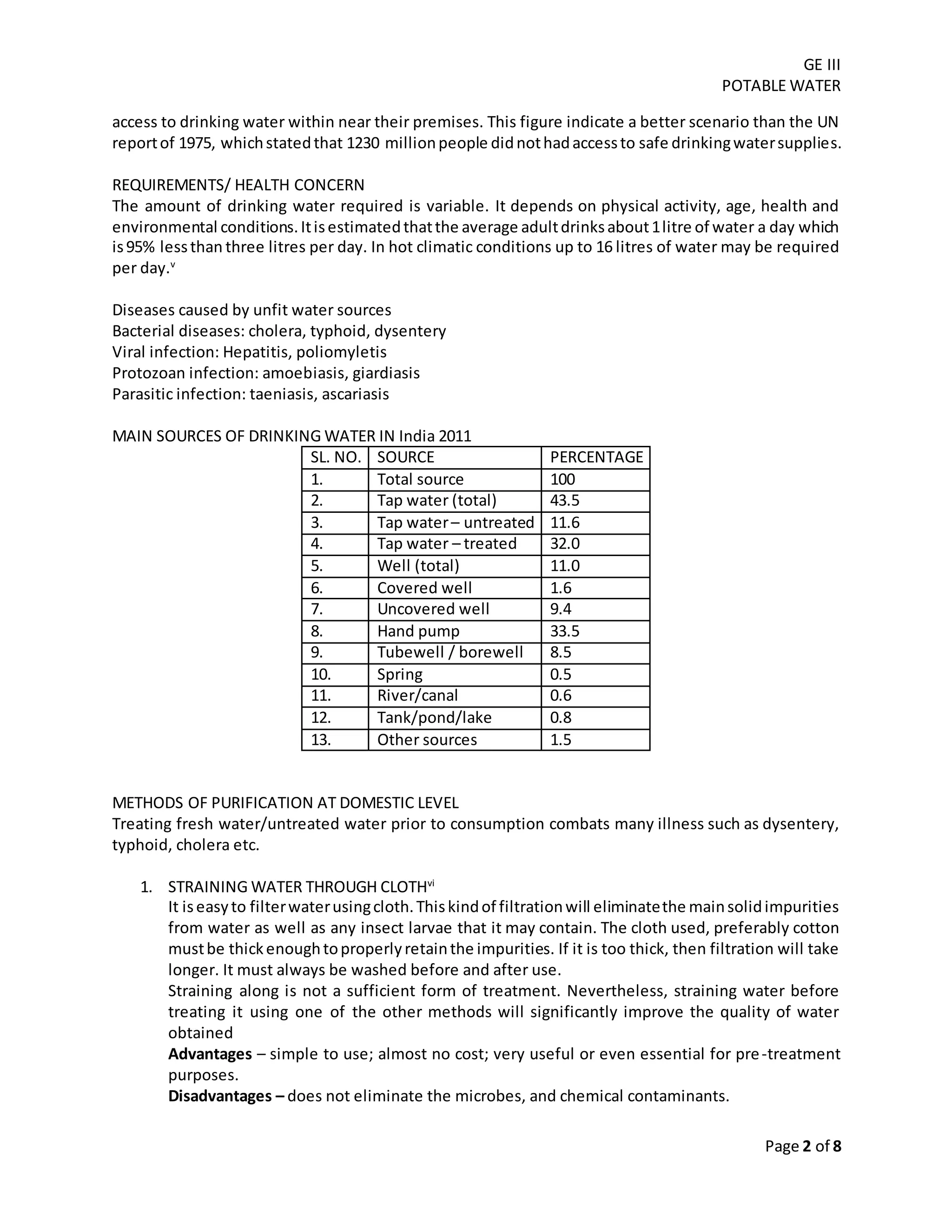 potable water sources and methods of purification at domestic level | DOCX
