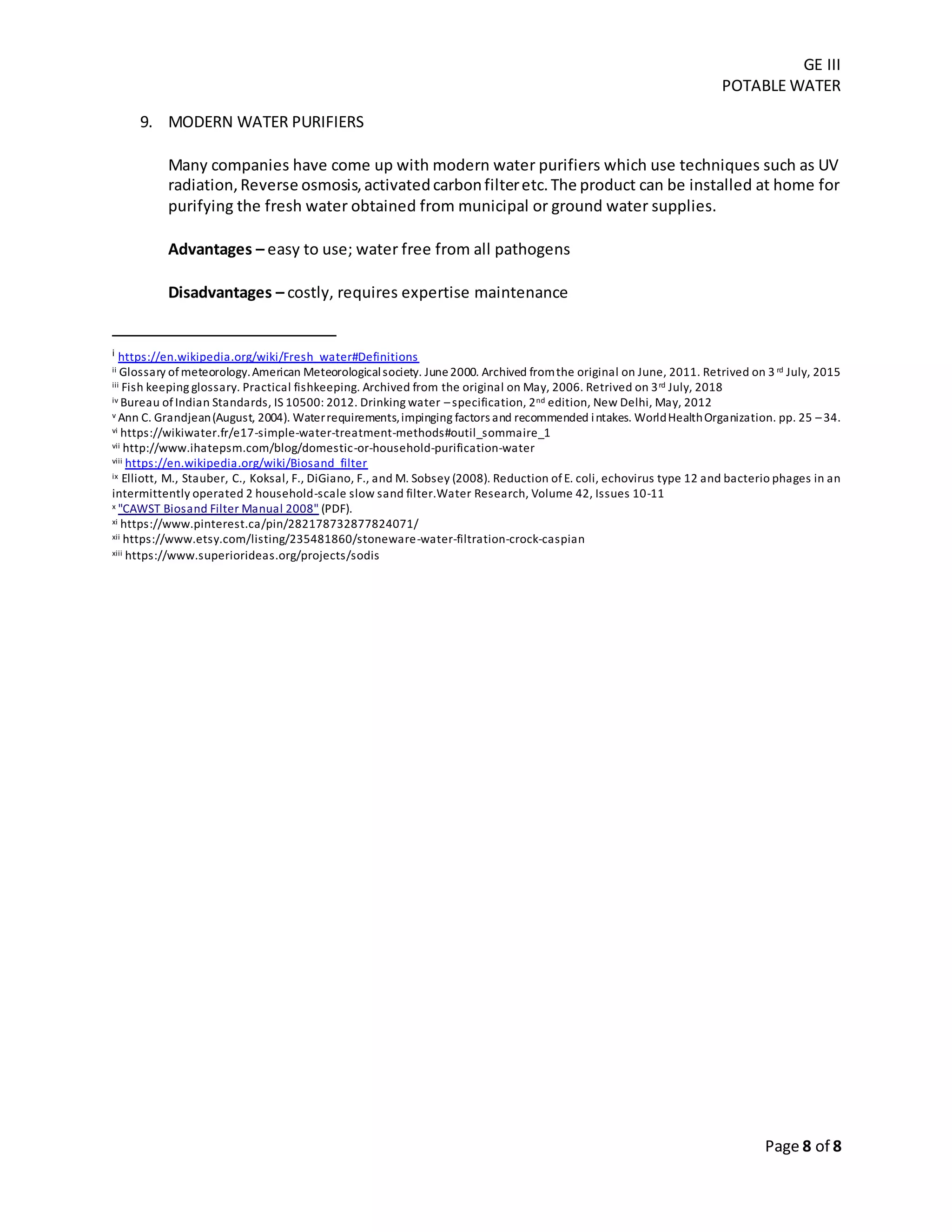 potable water sources and methods of purification at domestic level | DOCX