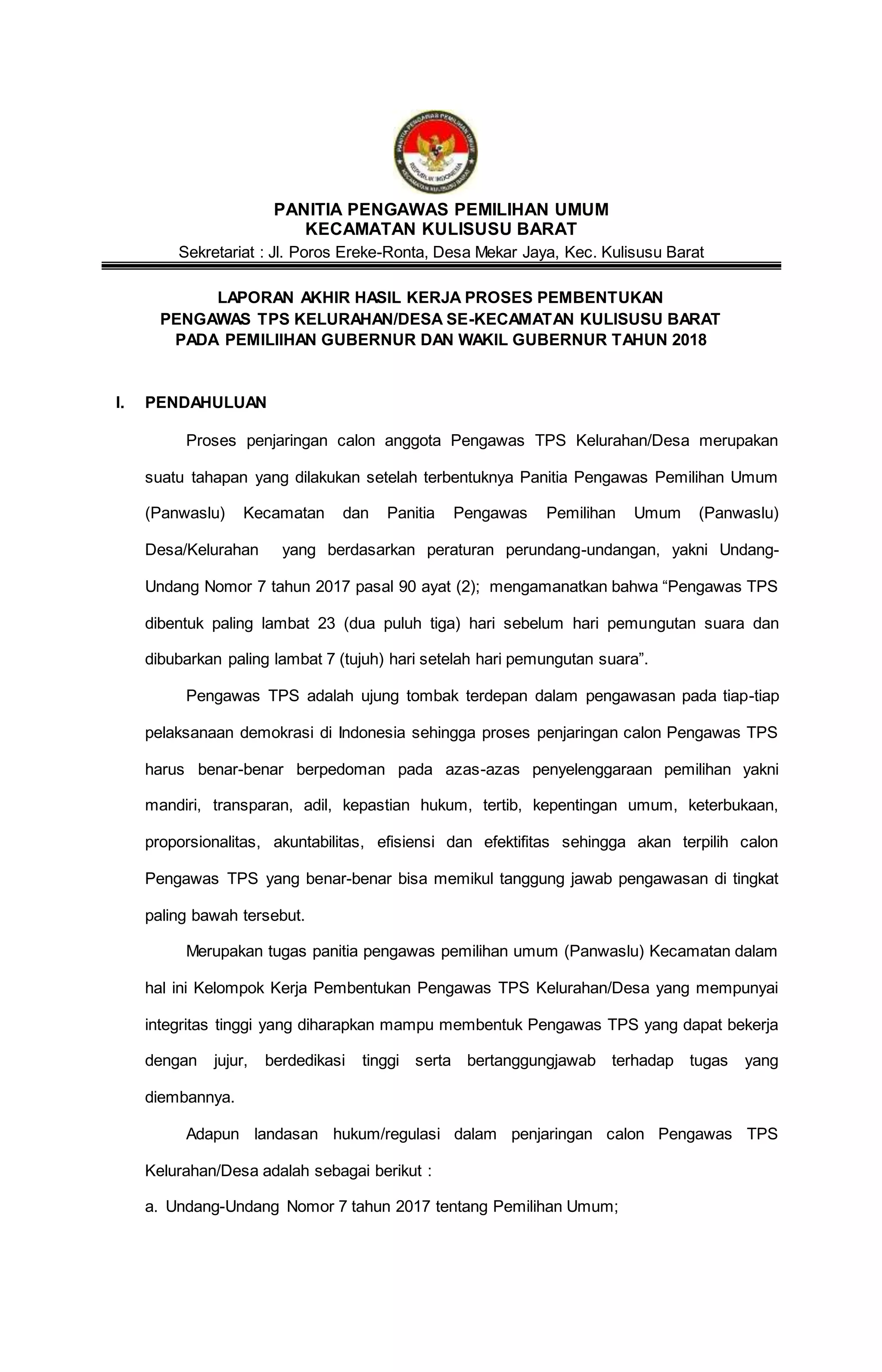 1. laporan akhir pembentukan pengawas tps kulbar | DOCX