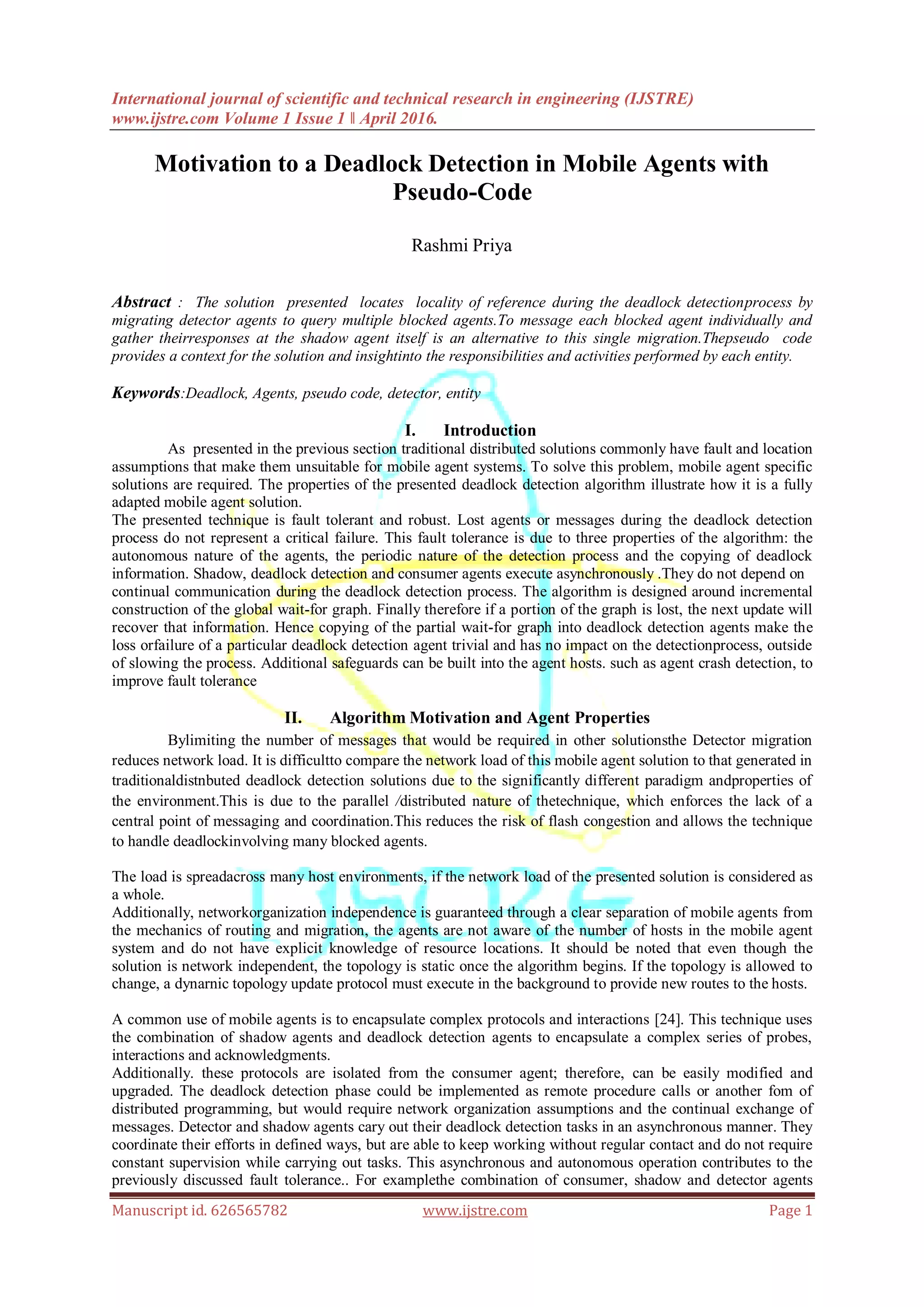 Motivation to a Deadlock Detection in Mobile Agents with Pseudo-Code | PDF