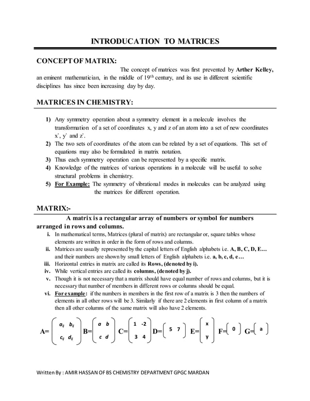 INTRODUCTION TO MATRICES, TYPES OF MATRICES, | DOCX | Chemistry | Science