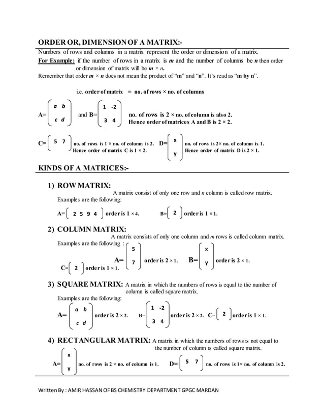 INTRODUCTION TO MATRICES, TYPES OF MATRICES, | PDF INTRODUCTION TO MATRICES, TYPES OF MATRICES, | PDF