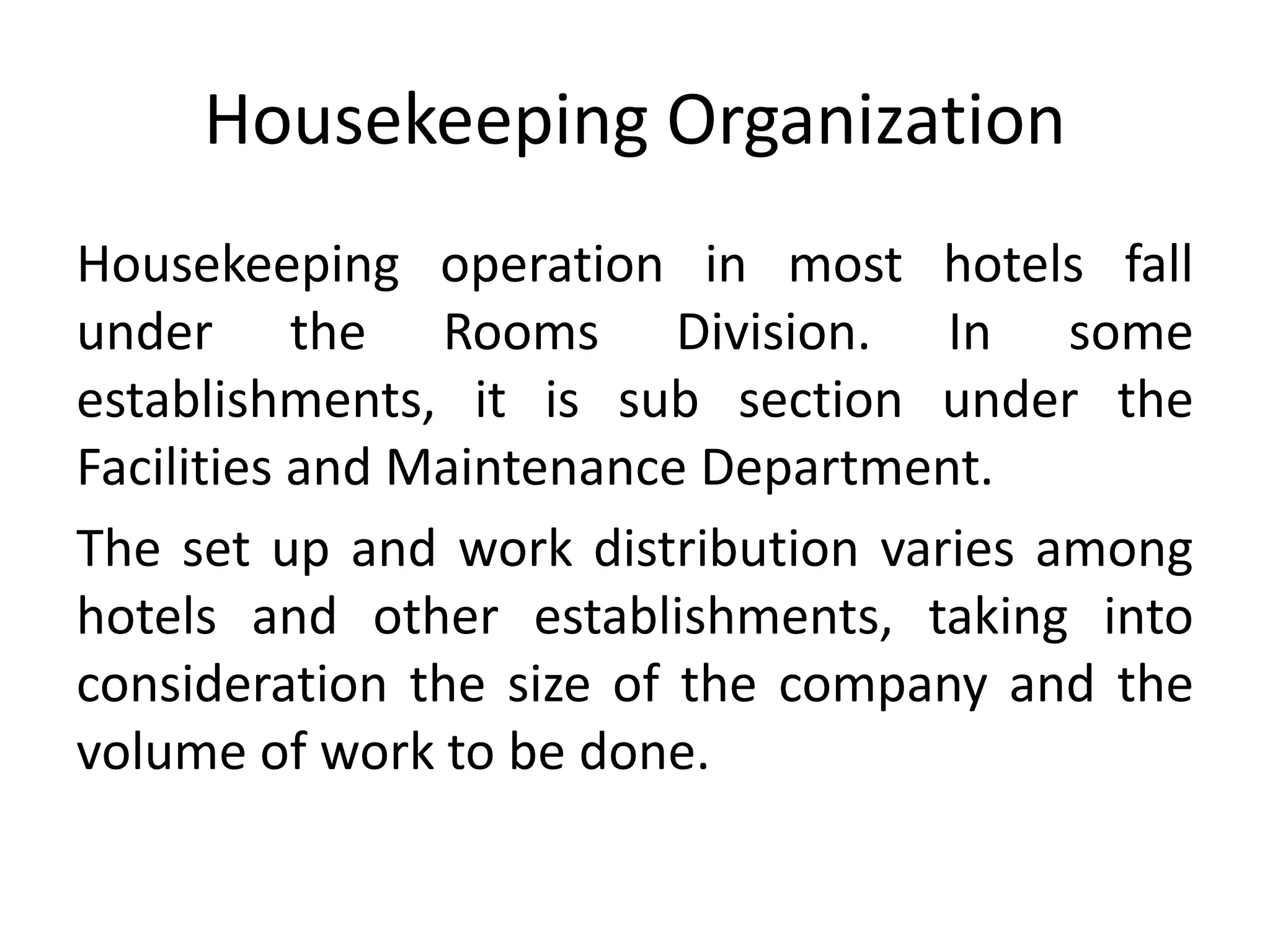 Introduction Housekeeping Organization | PPTX