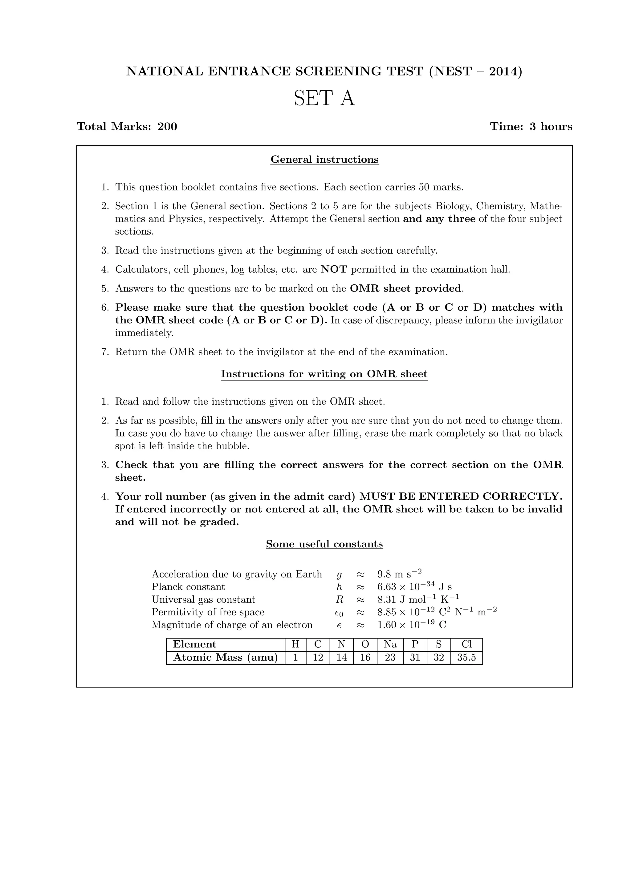 NEST 2014 Question Paper | PDF