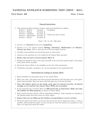 NEST 2011 Question Paper | PDF