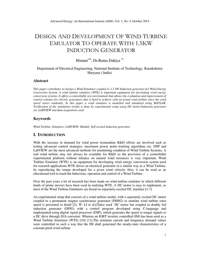 DESIGN AND DEVELOPMENT OF WIND TURBINE EMULATOR TO OPERATE WITH 1.5KW INDUCTION GENERATOR | PDF