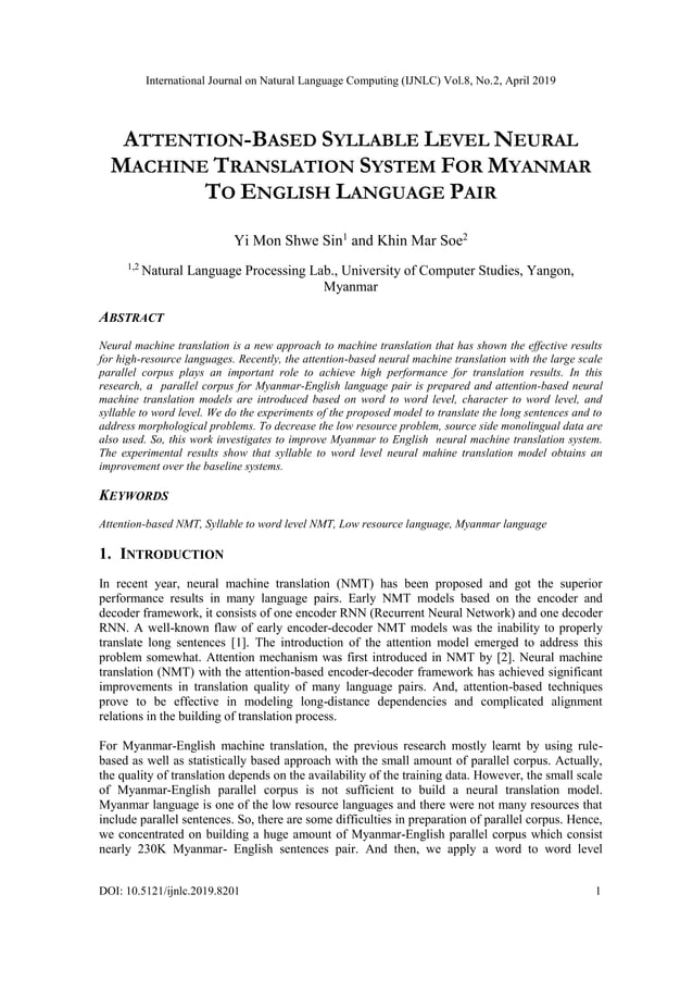 ATTENTION-BASED SYLLABLE LEVEL NEURAL MACHINE TRANSLATION SYSTEM FOR MYANMAR TO ENGLISH LANGUAGE ...