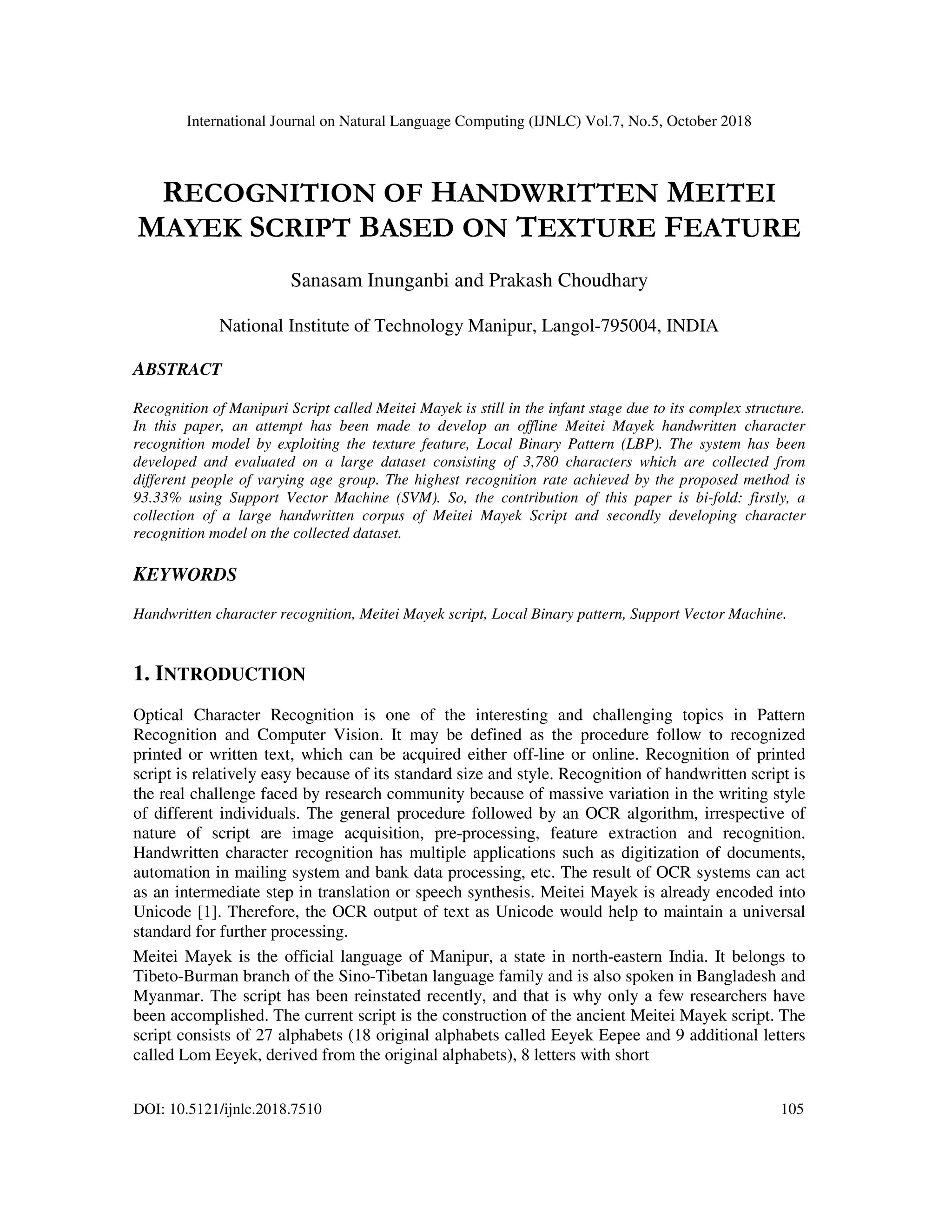 RECOGNITION OF HANDWRITTEN MEITEI MAYEK SCRIPT BASED ON TEXTURE FEATURE ...